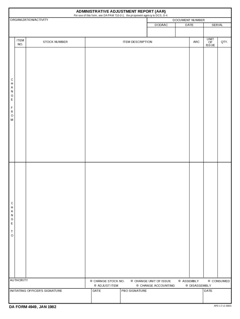 Fillable Online ADMINISTRATIVE ADJUSTMENT REPORT (AAR). DA FORM 4949 ...