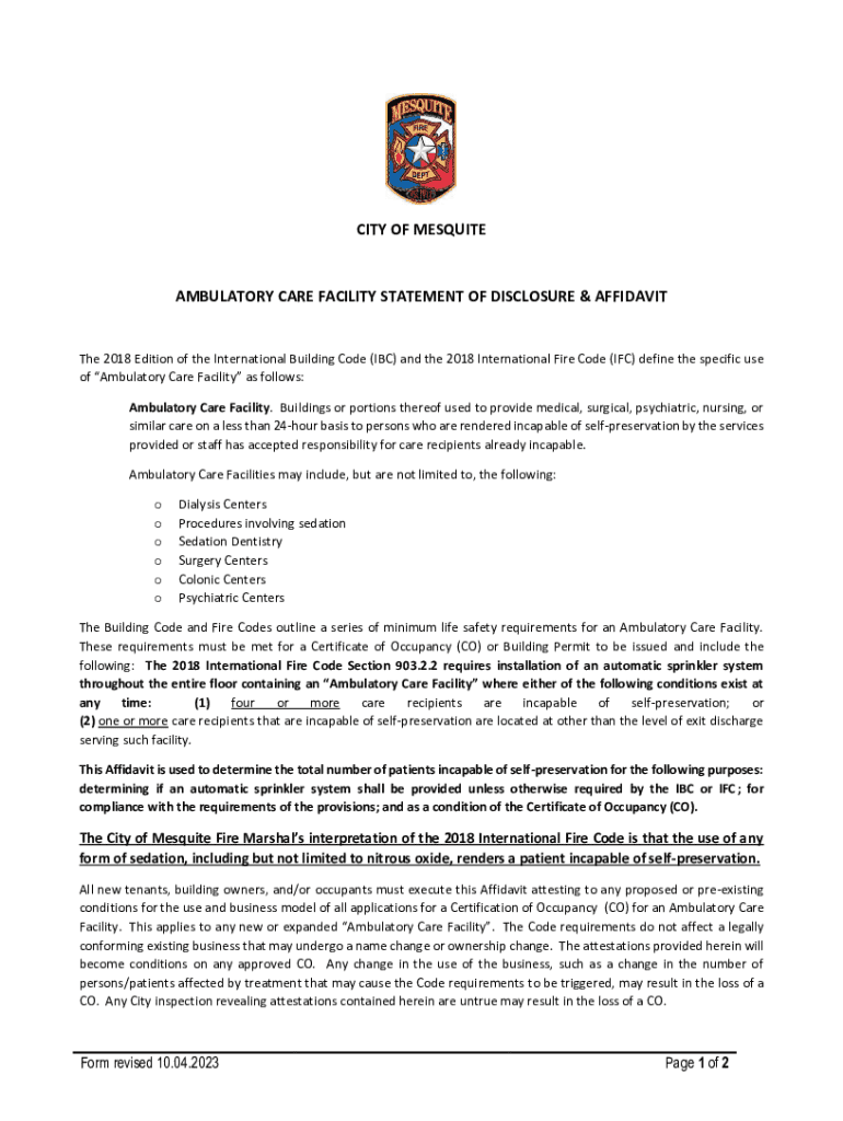 Fillable Online CITY OF MESQUITE AMBULATORY CARE FACILITY STATEMENT ...