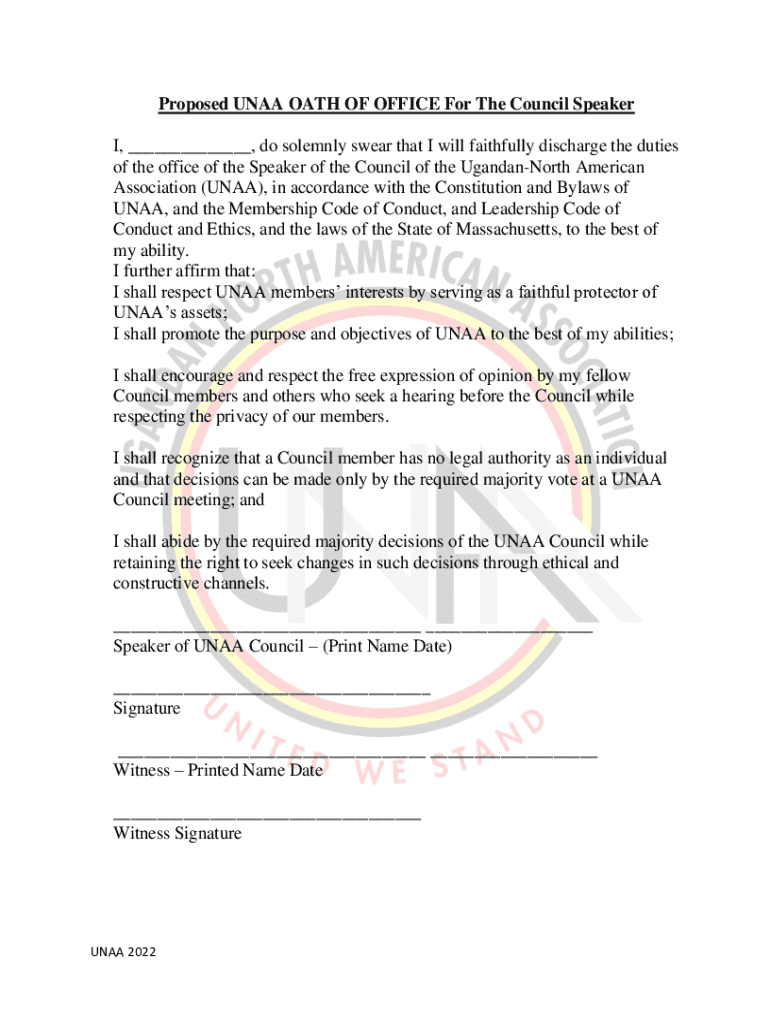 Fillable Online Proposed UNAA OATH OF OFFICE For The Council Speaker Fax Email Print - pdfFiller