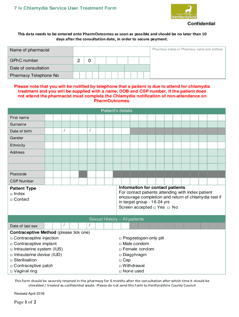 Fillable Online 7 iv Chlamydia Service User Treatment Form Fax Email ...