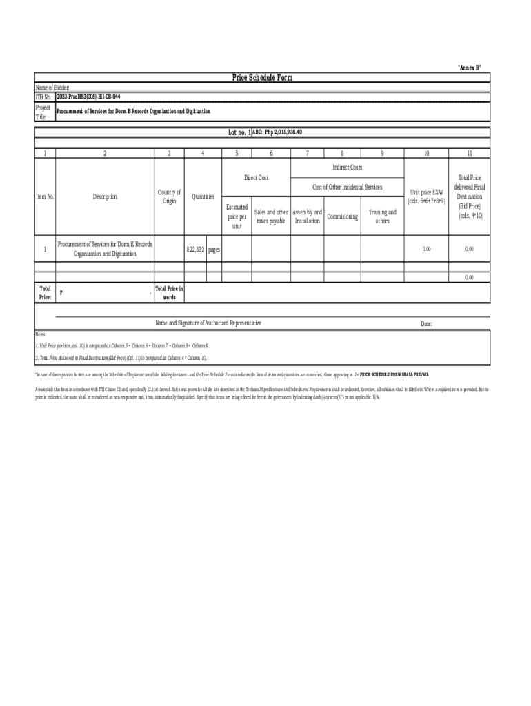 Fillable Online "Annex B" Price Schedule Form Fax Email Print - pdfFiller