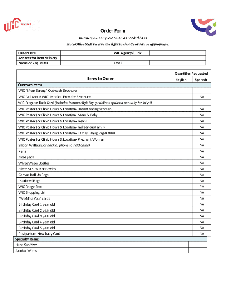 WIC Order Doc Template | pdfFiller