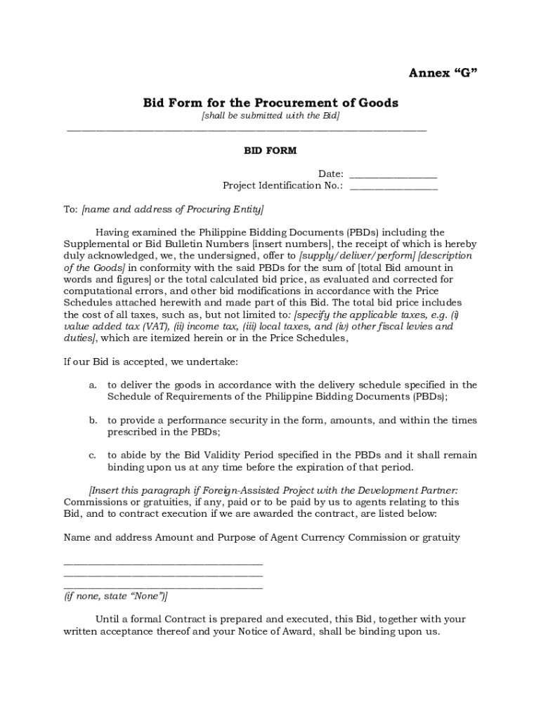 Fillable Online Annex G Bid Form for the Procurement of Goods Fax Email Print - pdfFiller