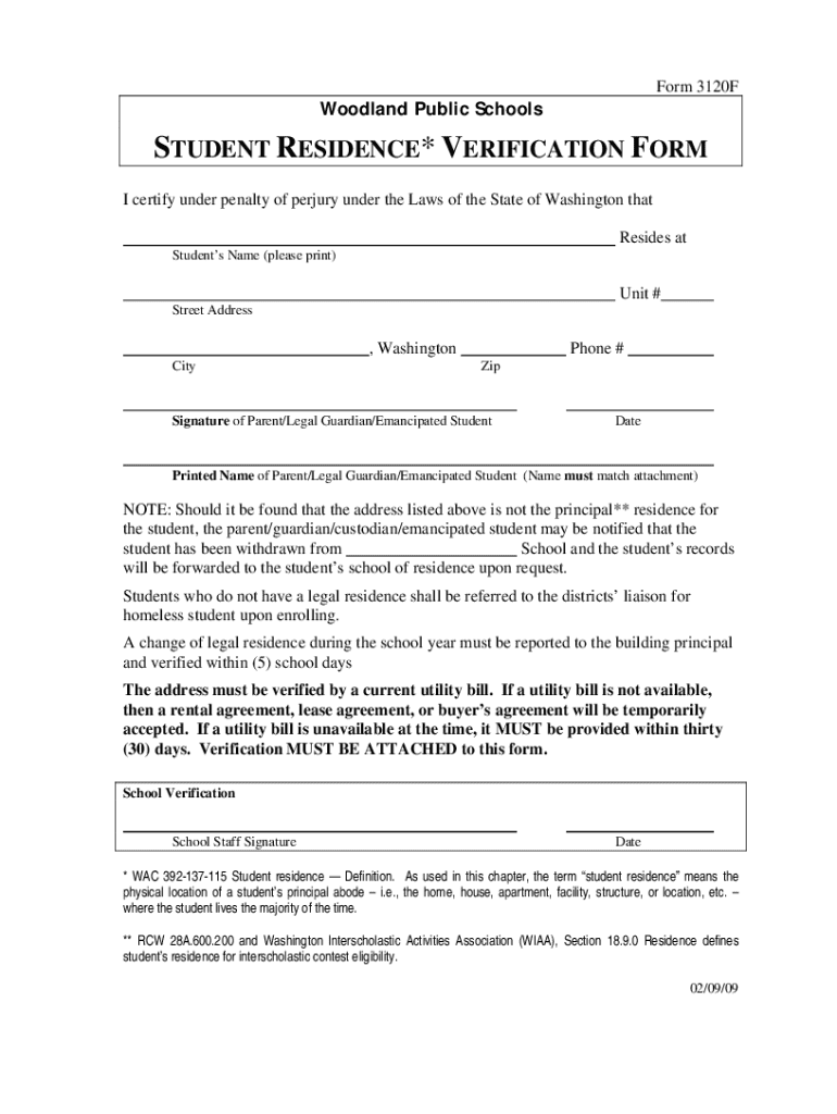 Fillable Online STUDENT RESIDENCE* VERIFICATION FORM - Woodland Public ...