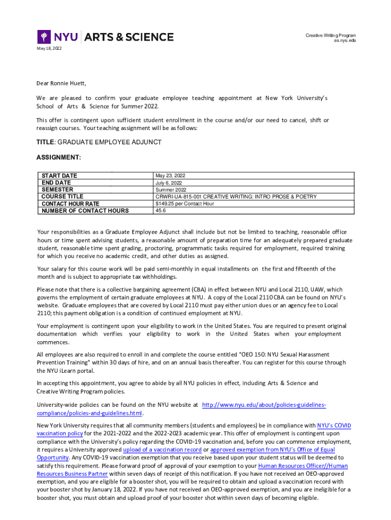 Fillable Online as nyu Dear We are pleased to confirm your graduate ...