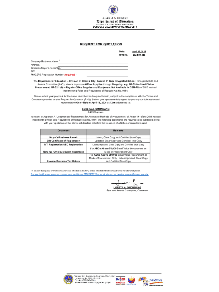 Fillable Online REQUEST FOR QUOTATION - Division of Ozamiz City - DepEd ...