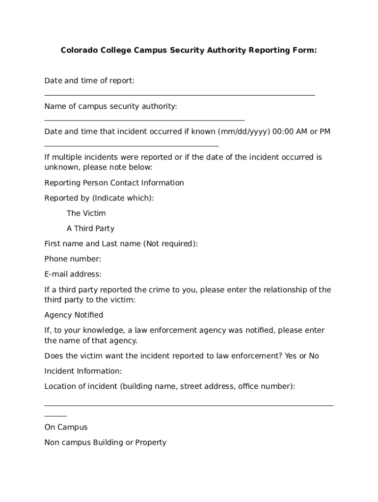 Campus Security Authorities Crime Statistics Reporting Doc Template | pdfFiller