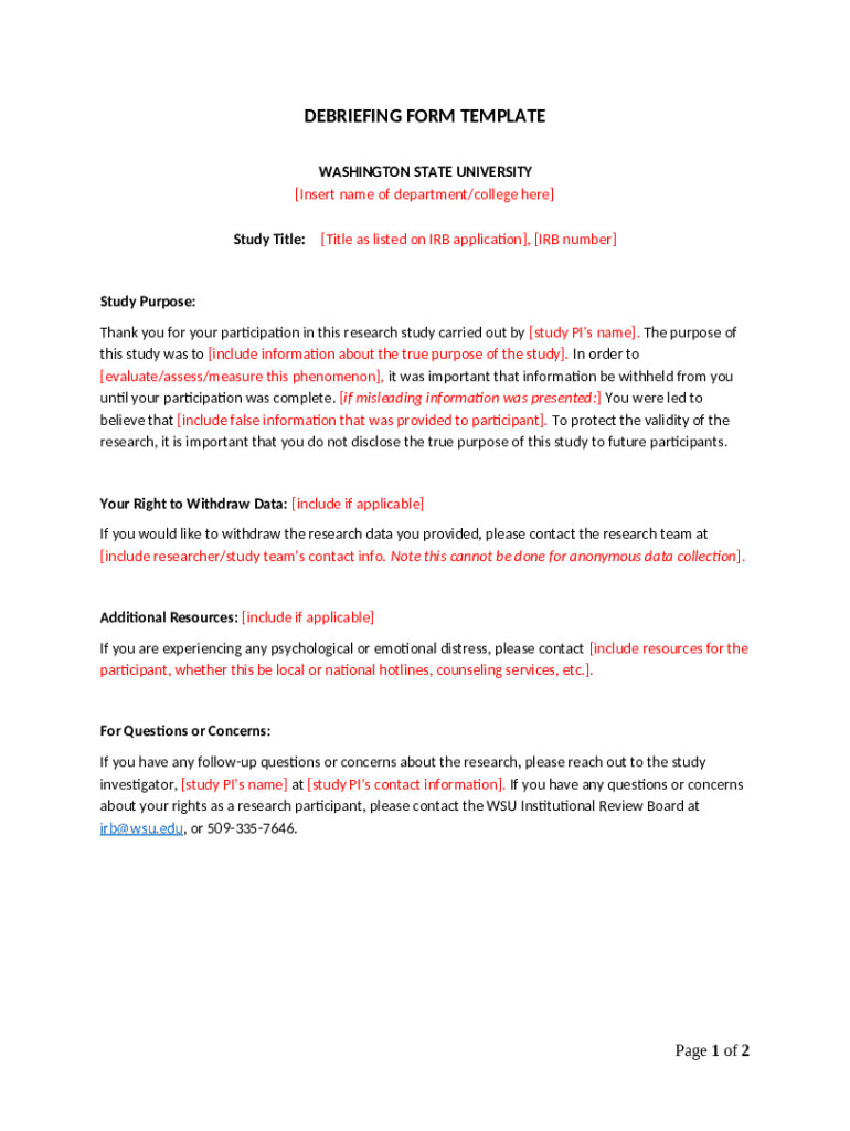 Debriefing : Speech Perance Feedback - irb wsu Doc Template | pdfFiller