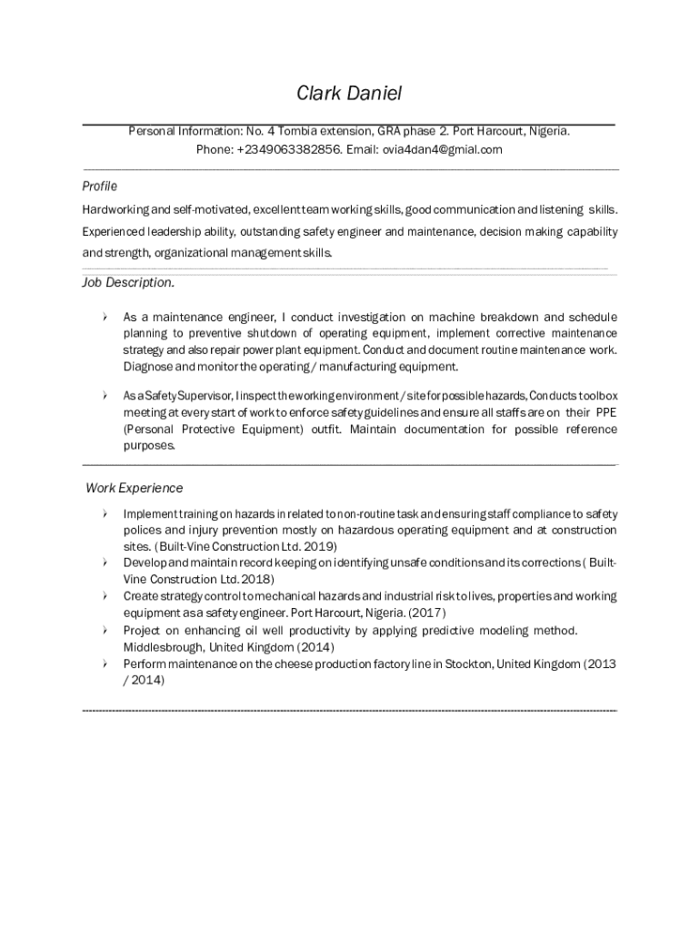 Fillable Online Resume for Clark Daniel. Fax Email Print - pdfFiller