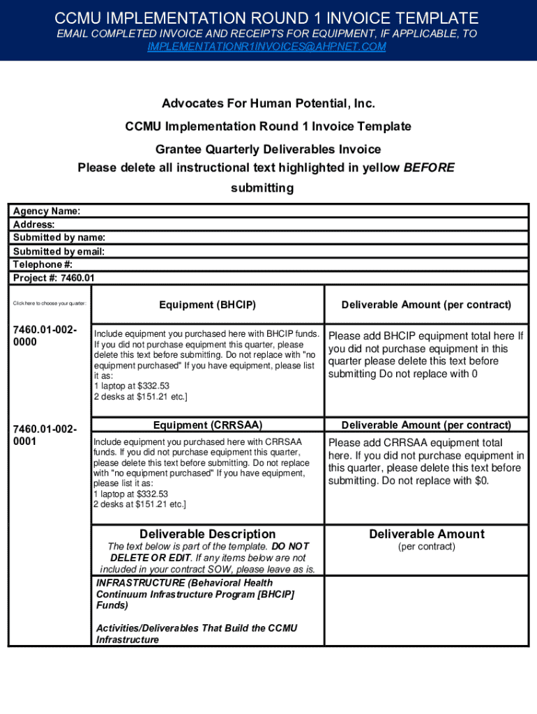Fillable Online CCMU Implementation Round 1 Invoice Template. CCMU Implementation Round 1 ...