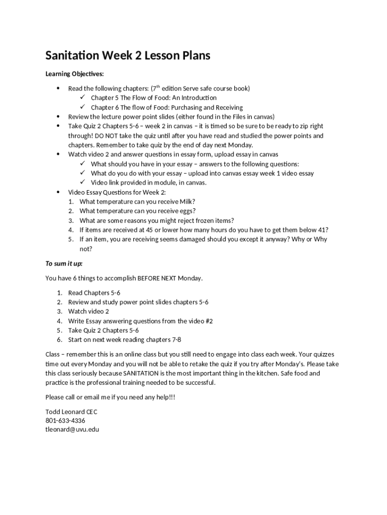 Intro to Culinary 2nd 9-Weeks Lesson Plans Doc Template | pdfFiller