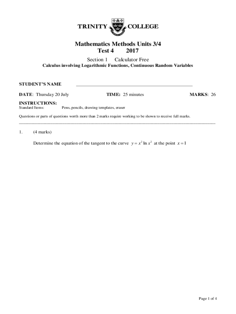 Fillable Online Mathematics Methods Units 3/4 Fax Email Print - pdfFiller