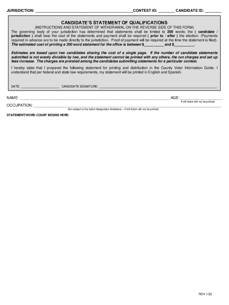 Fillable Online Candidate\'s Statement of Qualification - City of Healdsburg Fax Email Print ...