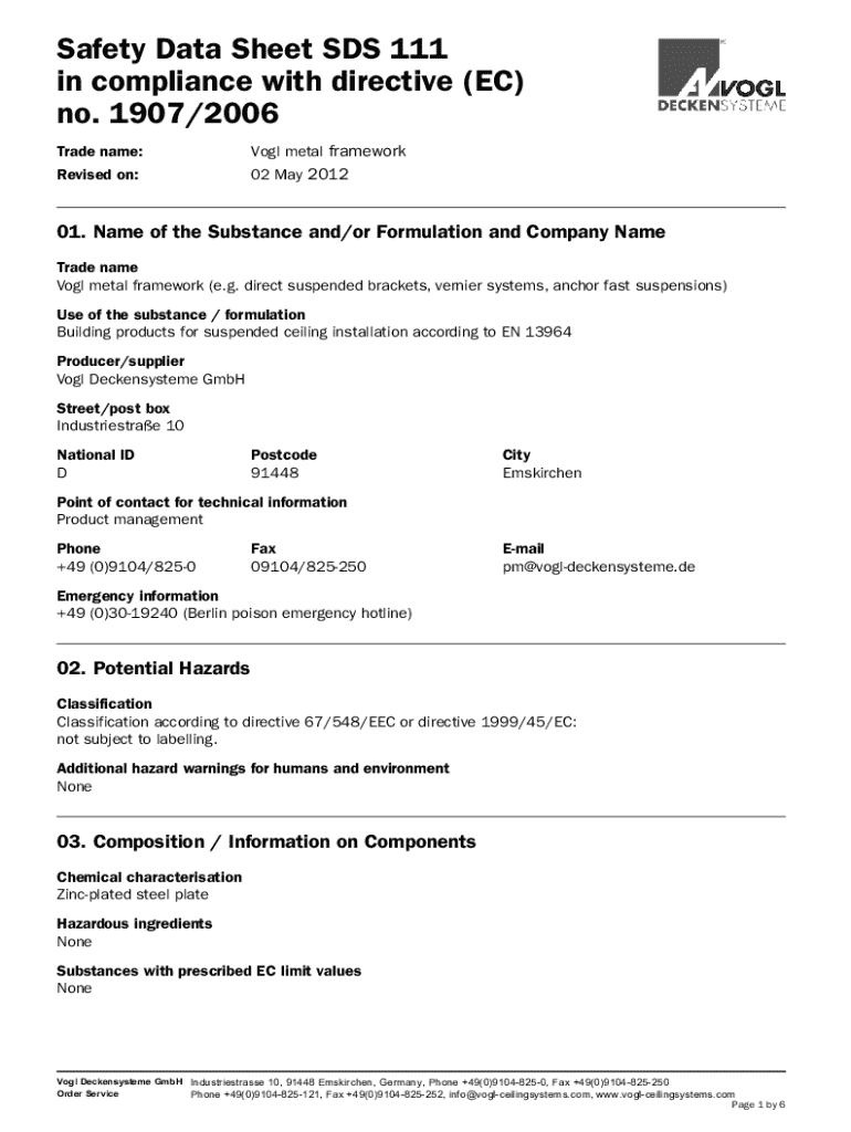 Fillable Online Safety Data Sheet SDS 111 in compliance with directive ...