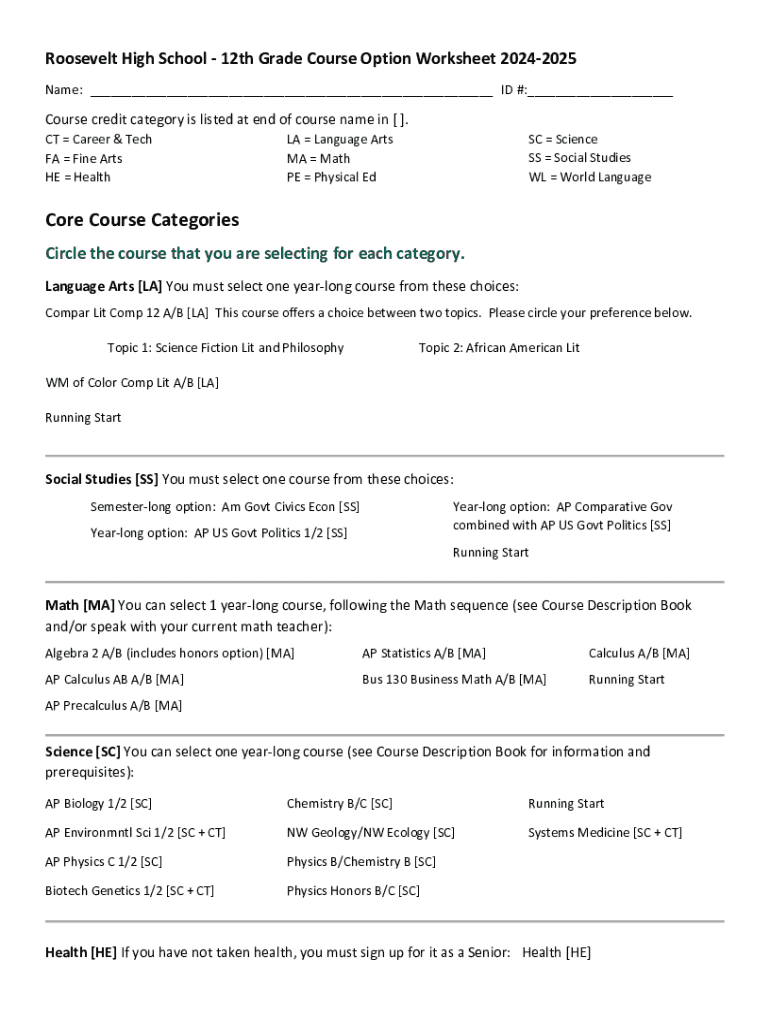 Fillable Online 12th Grade Course Option Worksheet for 2024-25 Fax ...