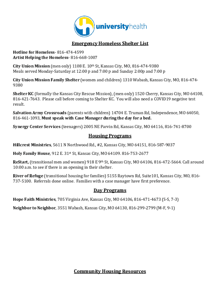 Fillable Online Emergency Homeless Shelter List Housing Programs Day ...