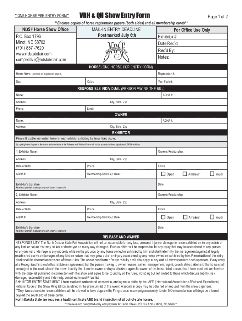 Fillable Online VRH & QH Show Entry Form Fax Email Print - pdfFiller