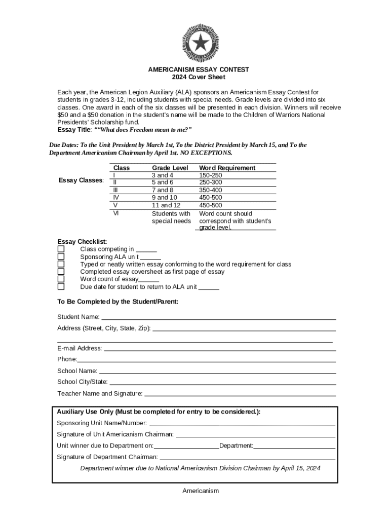 Americanism Essay Contest 2023-24 Cover Sheet Doc Template | pdfFiller