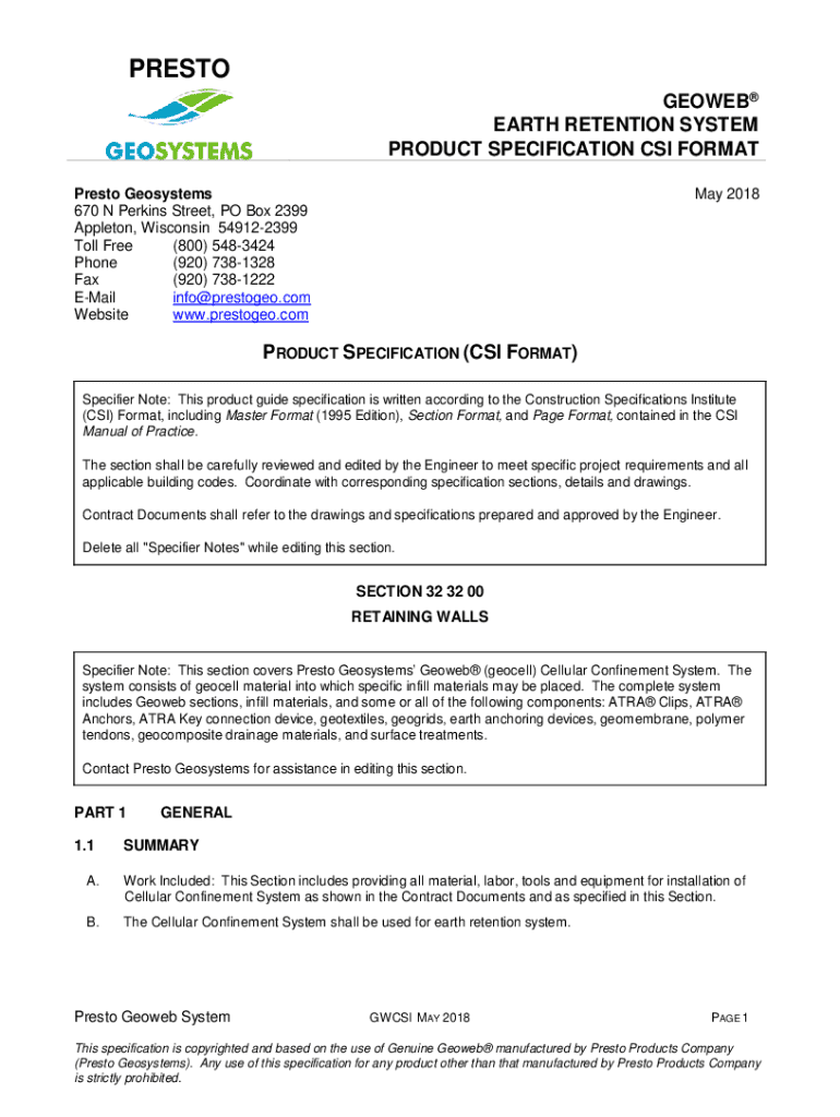 Fillable Online geoweb earth retention system product specification csi ...