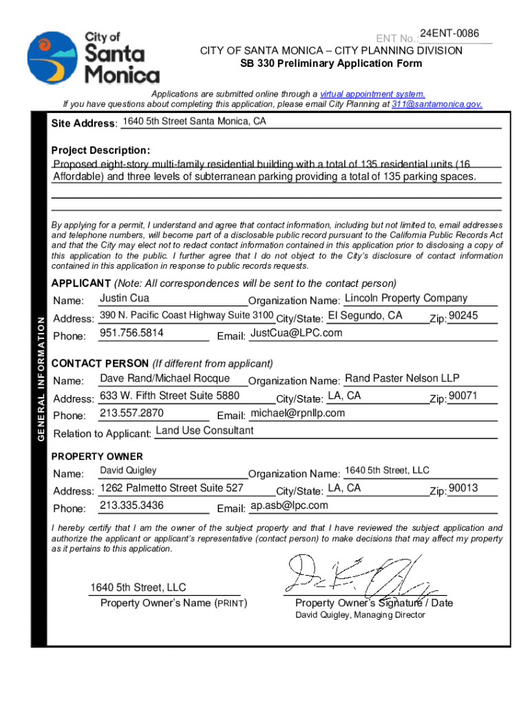 Fillable Online Preliminary Application SB 330 Fax Email Print - pdfFiller