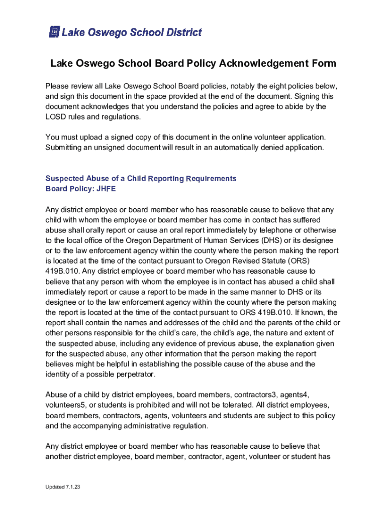 Fillable Online Lake Oswego School Board Policy Acknowledgement Form Fax Email Print - pdfFiller