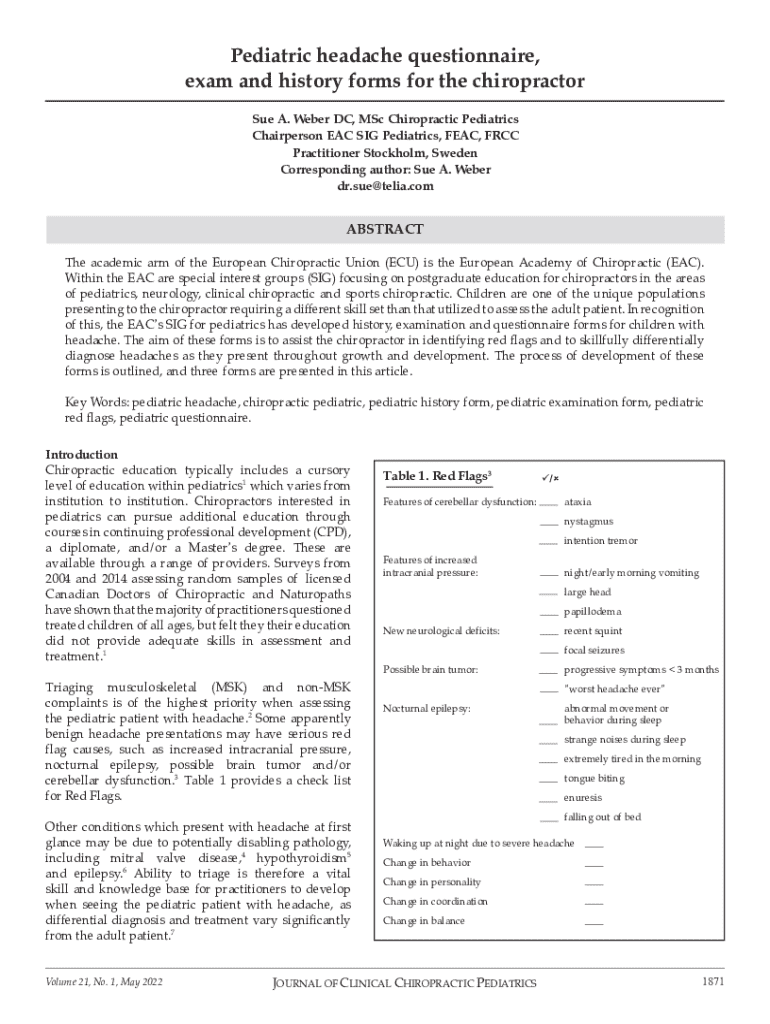 Fillable Online Pediatric headache questionnaire, exam and history ...