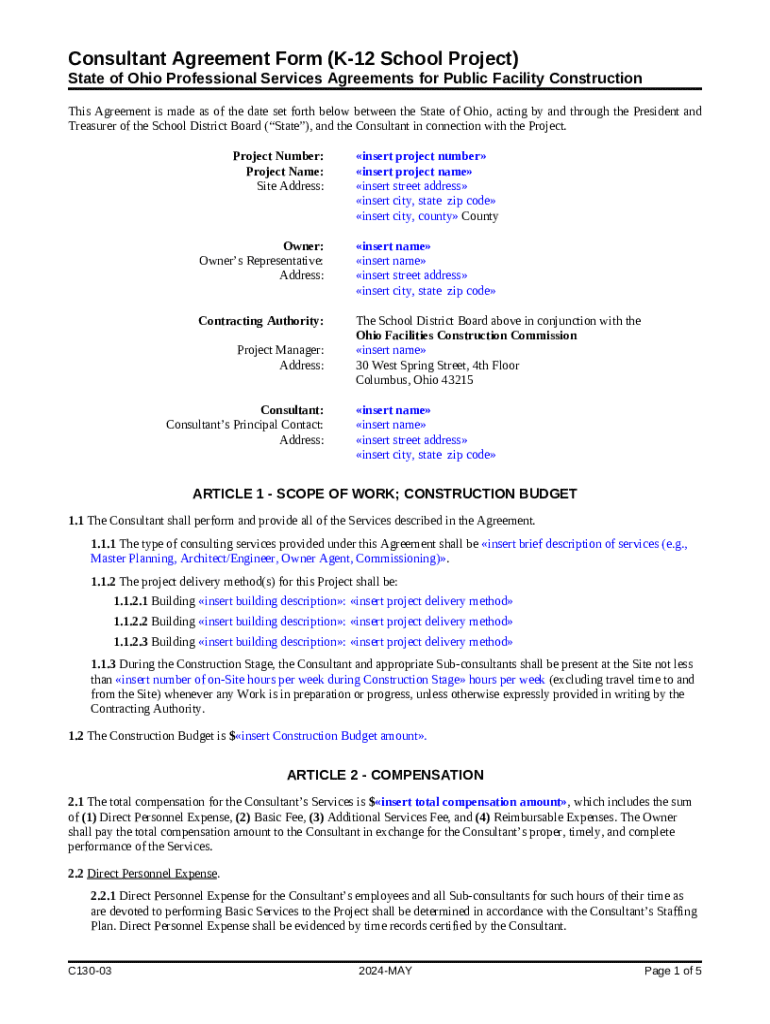C130-03. Consultant Agreement (K12 School Project) Doc Template | pdfFiller