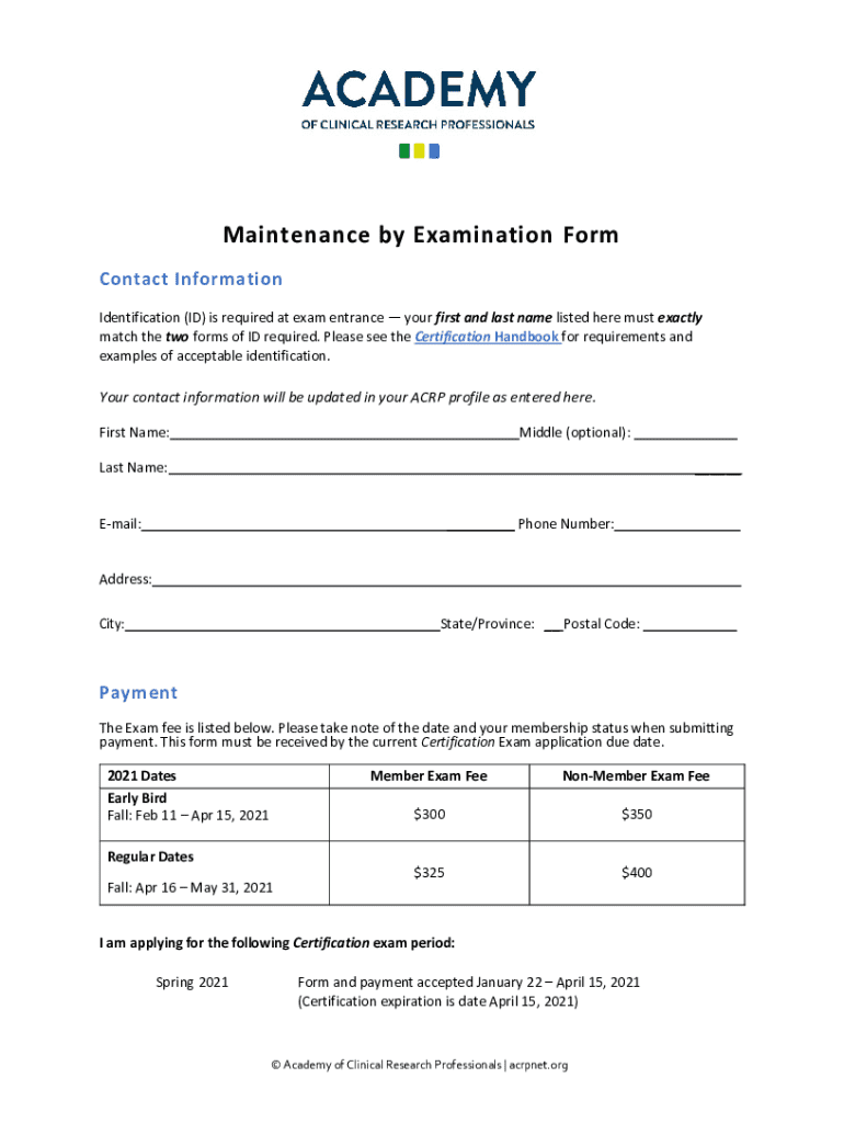 Fillable Online Maintenance by Examination Form Fax Email Print - pdfFiller