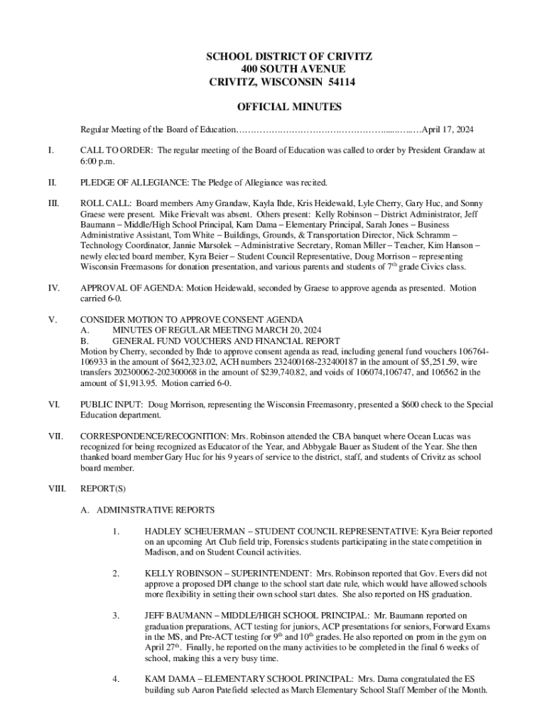 Fillable Online ROLL CALL: Board members Amy Grandaw, Kayla Ihde, Kris ...