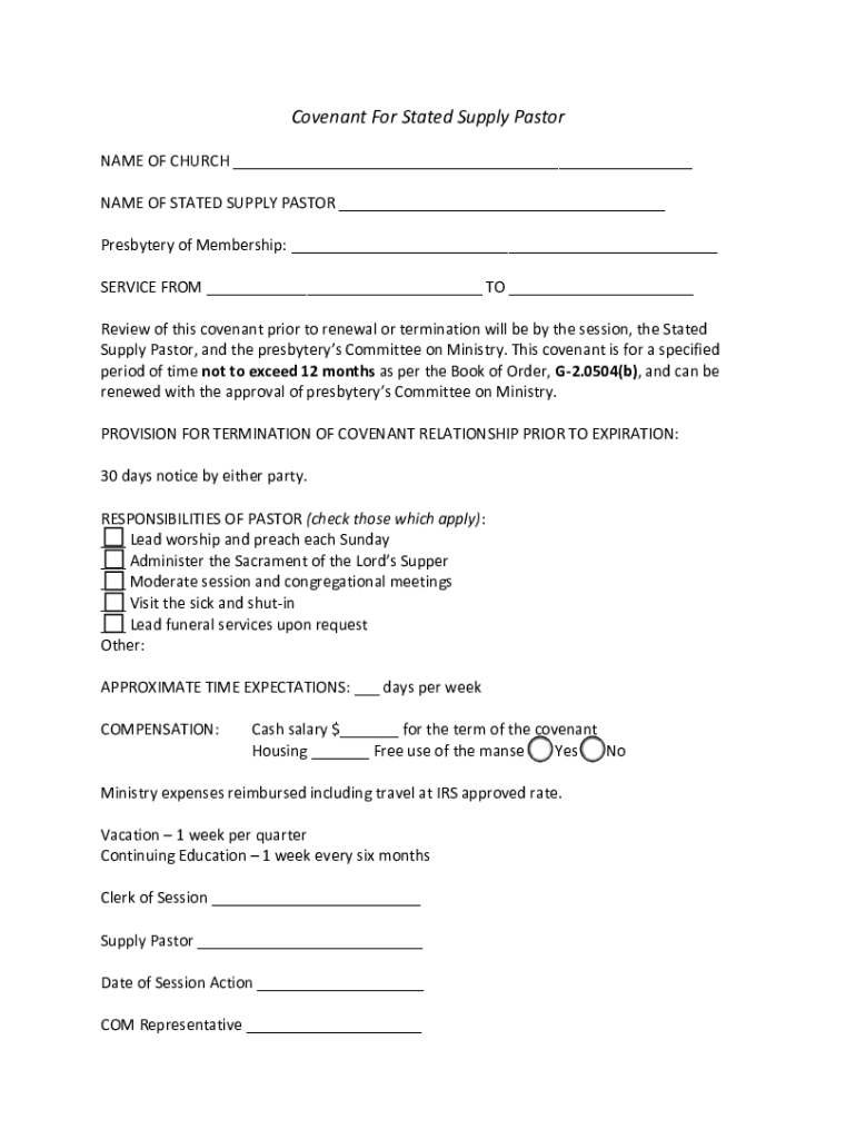 Fillable Online Temporary Pastoral Relationship Covenant Form Fax Email ...