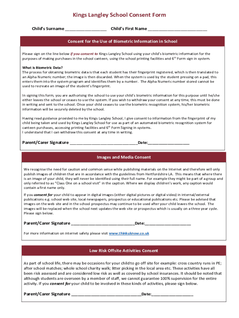 Fillable Online Kings Langley School Consent Form Fax Email Print ...