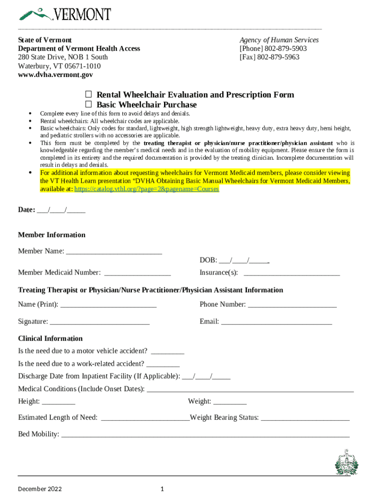 basicrental wheelchair for webDepartment of Vermont ... - dvha vermont Doc Template | pdfFiller