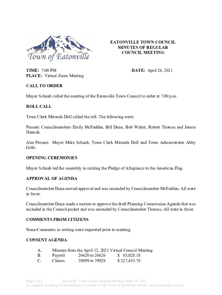 Fillable Online Also Present: Mayor Mike Schaub, Town Clerk Miranda ...