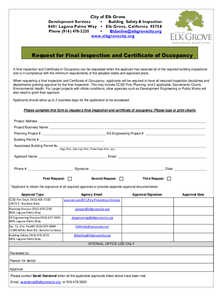 Fillable Online Request for Final Inspection and Certificate of ...