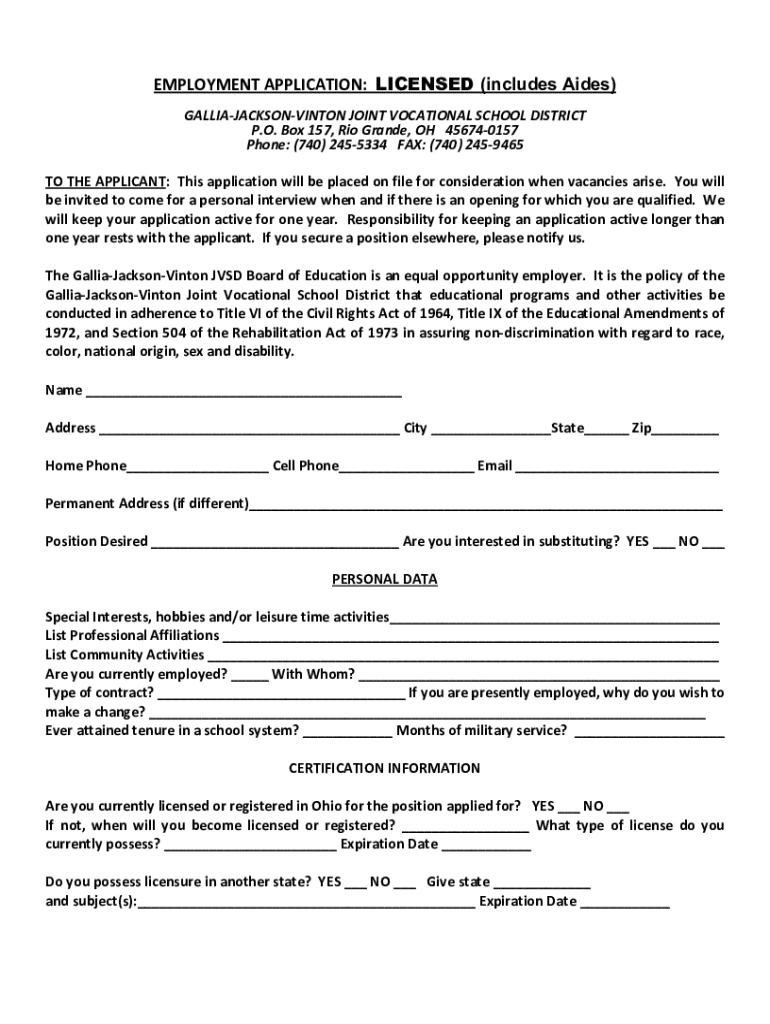 Fillable Online EMPLOYMENT APPLICATION: NON-LICENSED PERSONAL DATA ...
