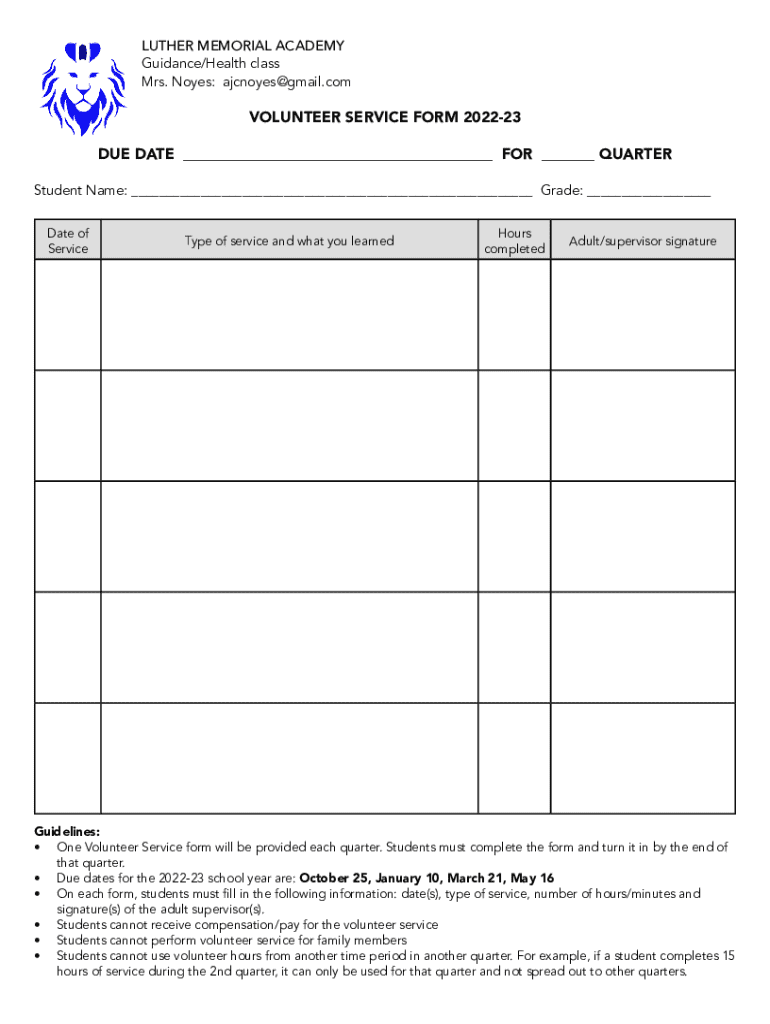 Fillable Online VOLUNTEER SERVICE FORM 2022-23 DUE DATE Fax Email Print ...