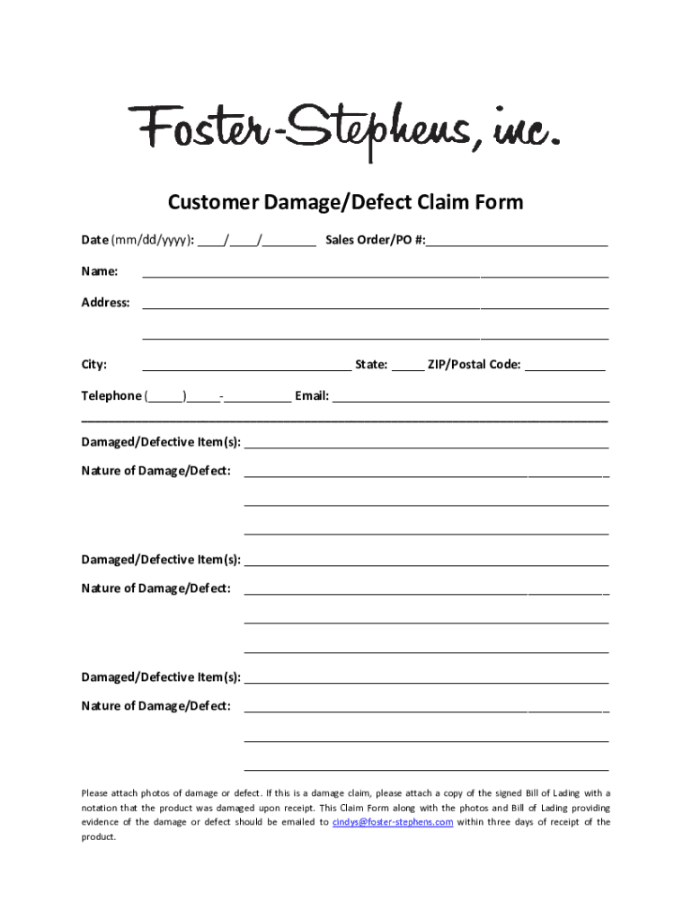 Fillable Online Customer Damage/Defect Claim Form Fax Email Print - pdfFiller