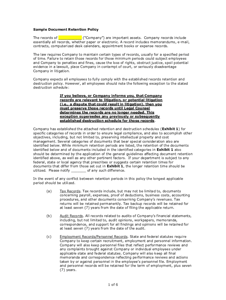 Fillable Online 1 of 6 Sample Document Retention Policy The records of ...