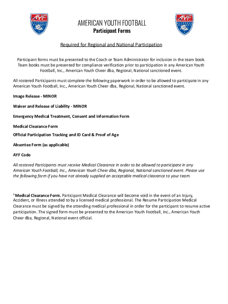 Fillable Online AMERICAN YOUTH FOOTBALL - Participant Forms ... Fax ...