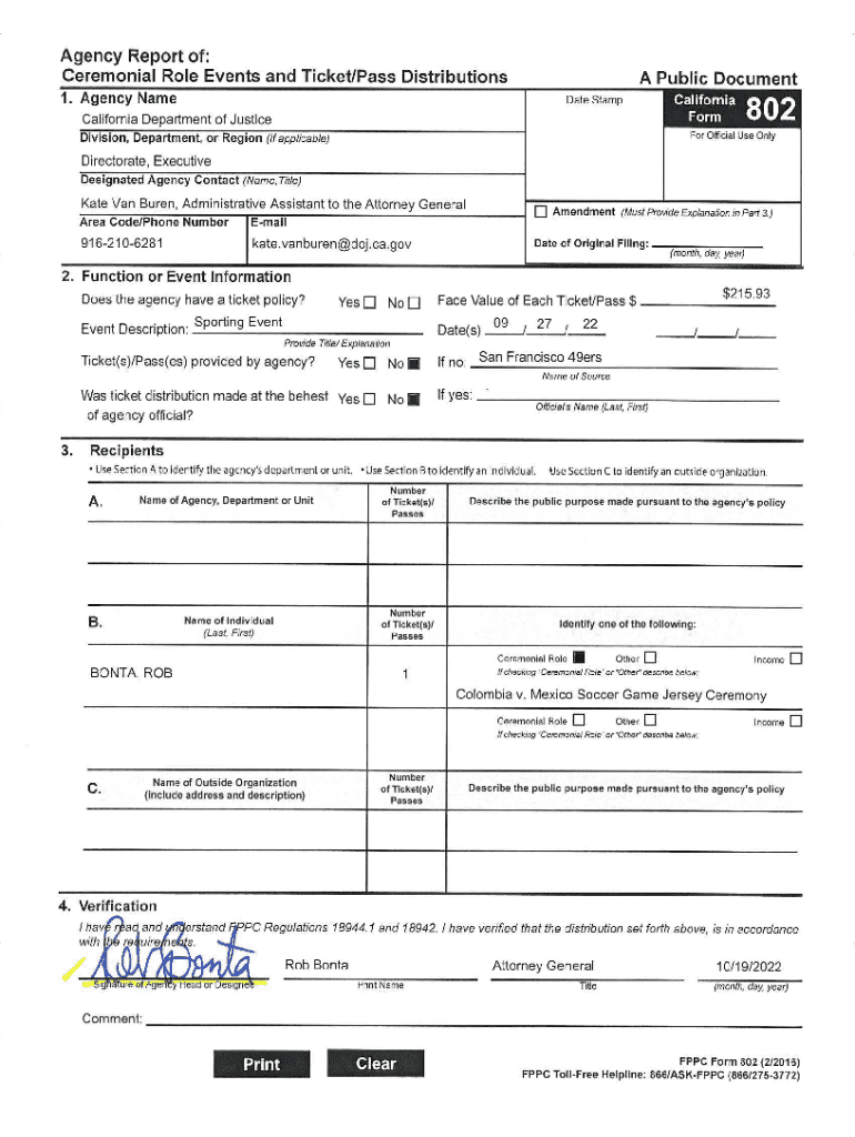 Fillable Online Form 802: Ceremonial Role Events and Ticket/Pass ...
