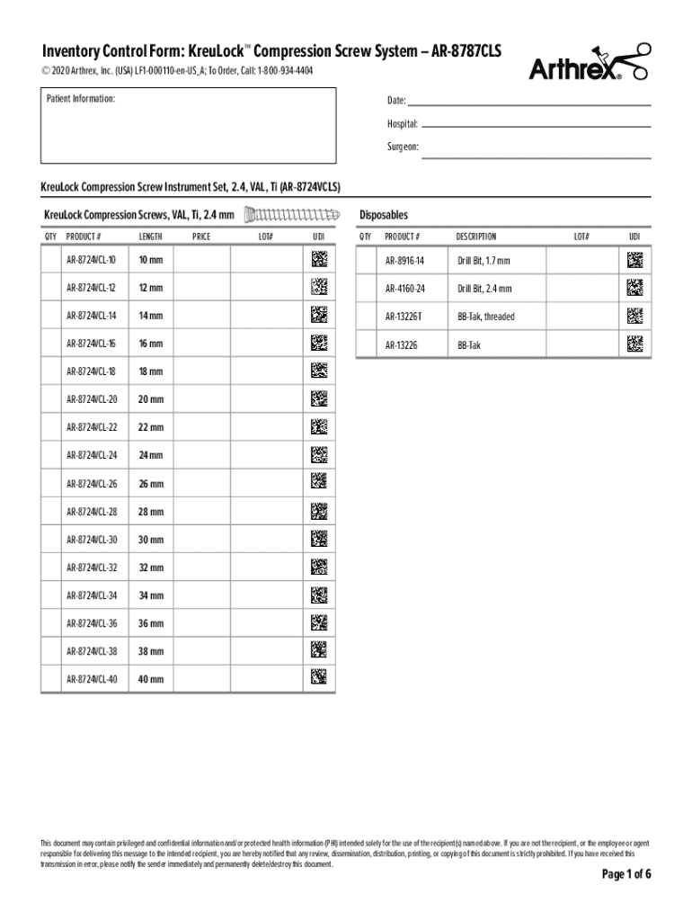 Fillable Online Inventory Control Form: KreuLock Compression Screw ...
