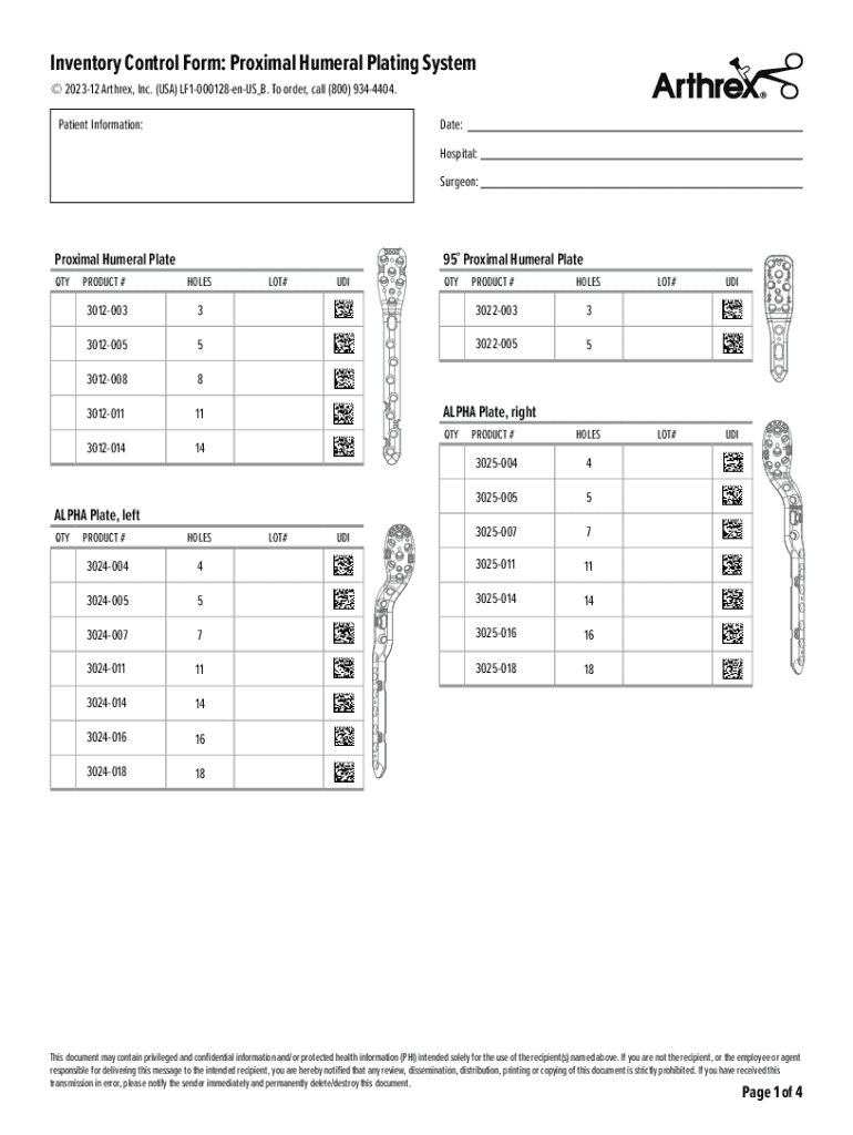 Fillable Online Inventory Control Form: Proximal Humeral Plating System ...