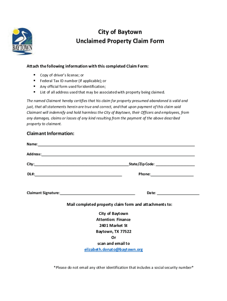 Fillable Online City of Baytown Unclaimed Property Claim Form Fax Email Print - pdfFiller