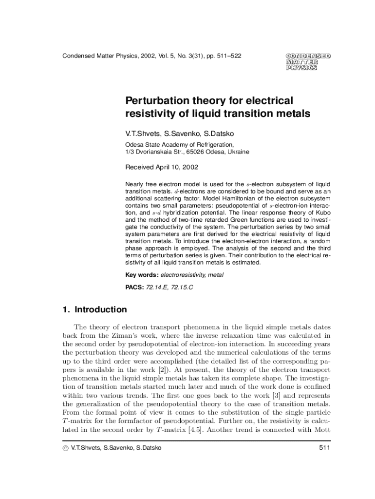Fillable Online icmp lviv Perturbation theory for electrical ...
