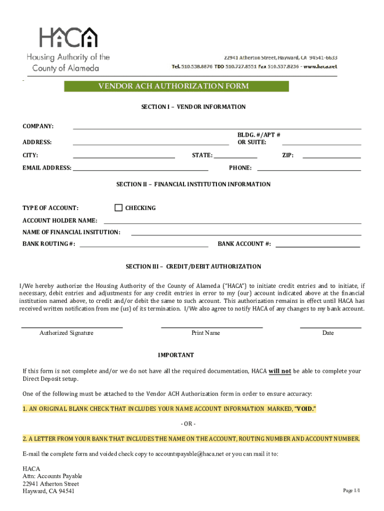 Fillable Online Vendor ACH Authorization Form HACA.net Fax Email Print ...