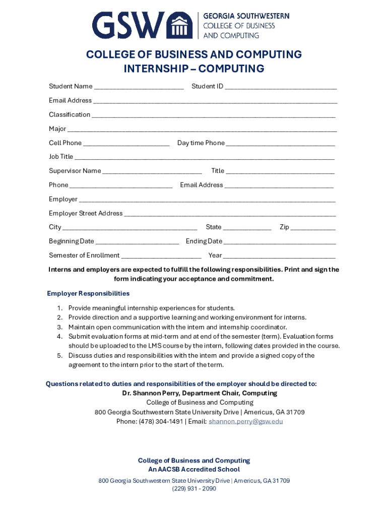 Fillable Online COLLEGE OF BUSINESS AND COMPUTING INTERNSHIP Fax Email Print - pdfFiller