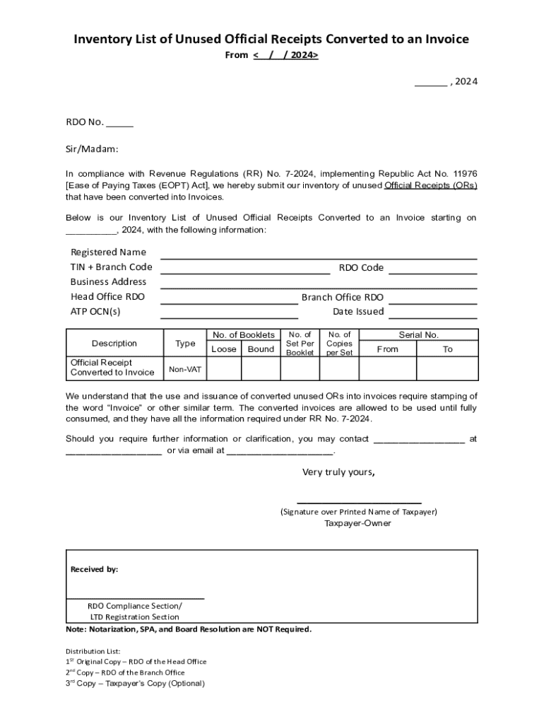 Fillable Online Inventory List of Unused Official Receipts Under ...