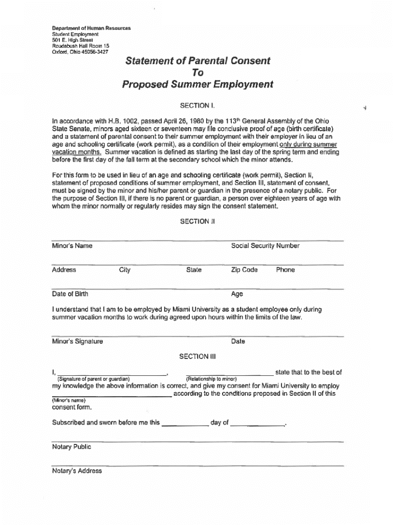 Fillable Online Statement of Parental Consent To Proposed Summer ...