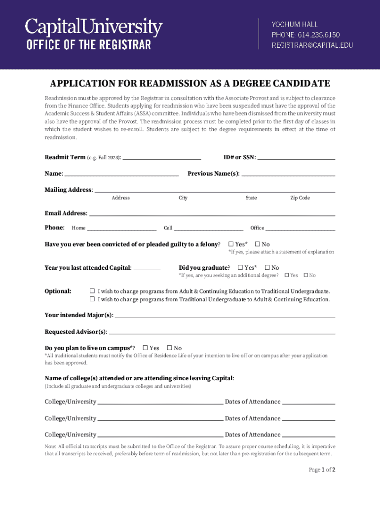 Fillable Online APPLICATION FOR READMISSION AS A DEGREE ... Fax Email Print - pdfFiller