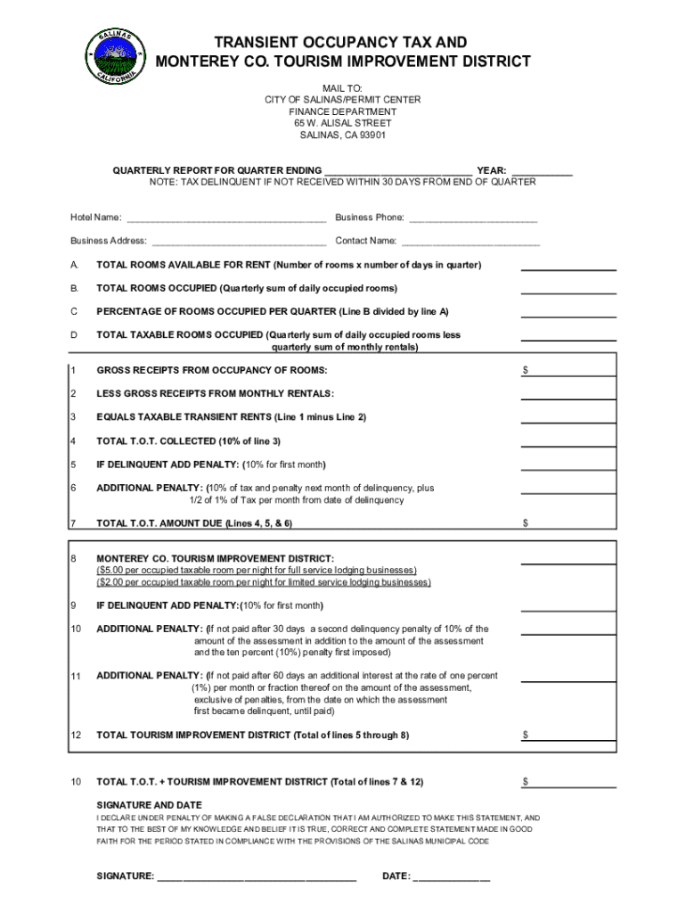 Fillable Online Transient Occupancy Tax (TOT) Quarterly Return Forms ...